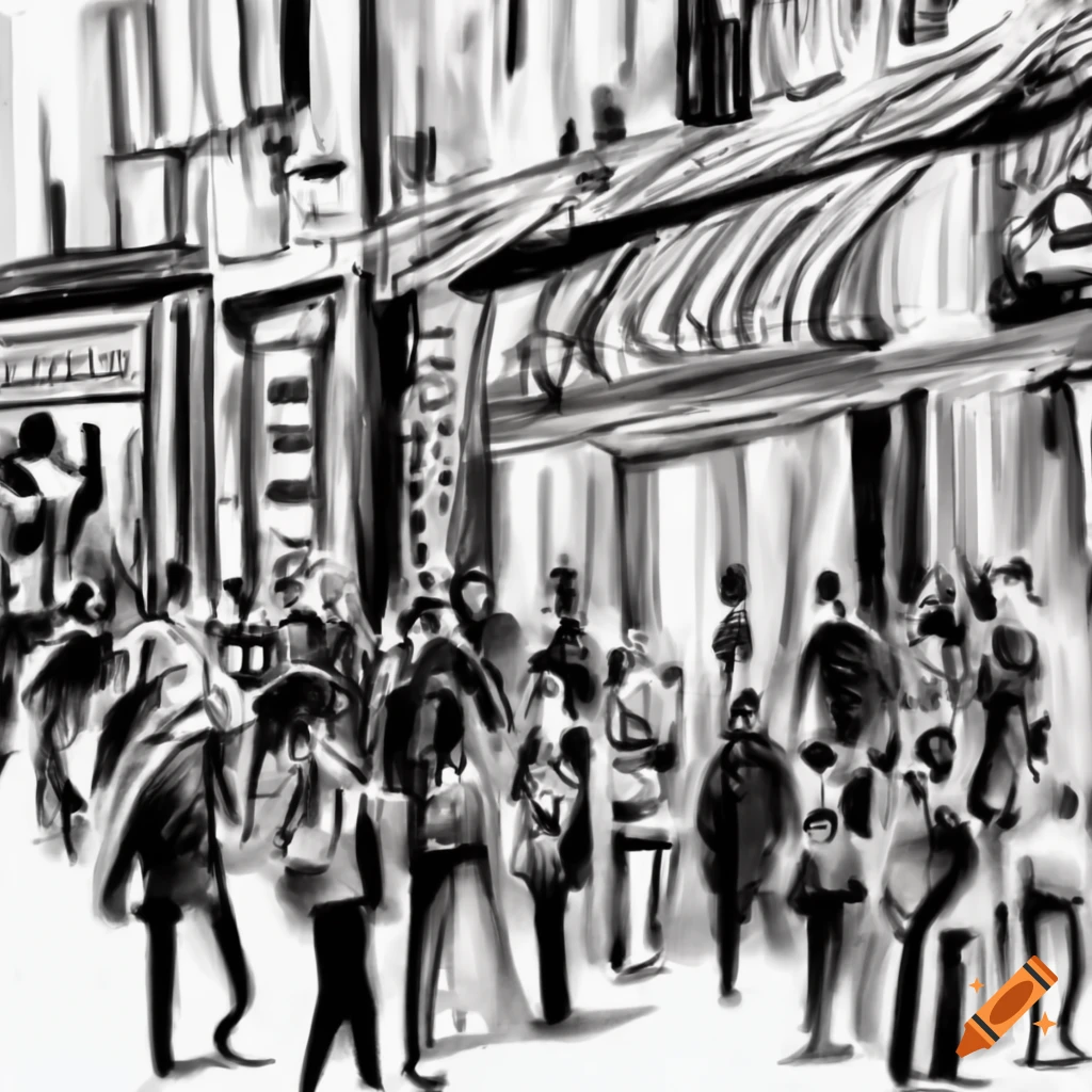 Charcoal drawing of crowded people in front of a restaurant on Craiyon
