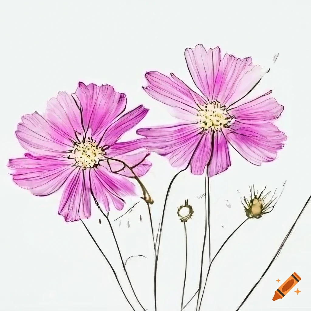 Cosmos flowers in a line drawing on white background on Craiyon