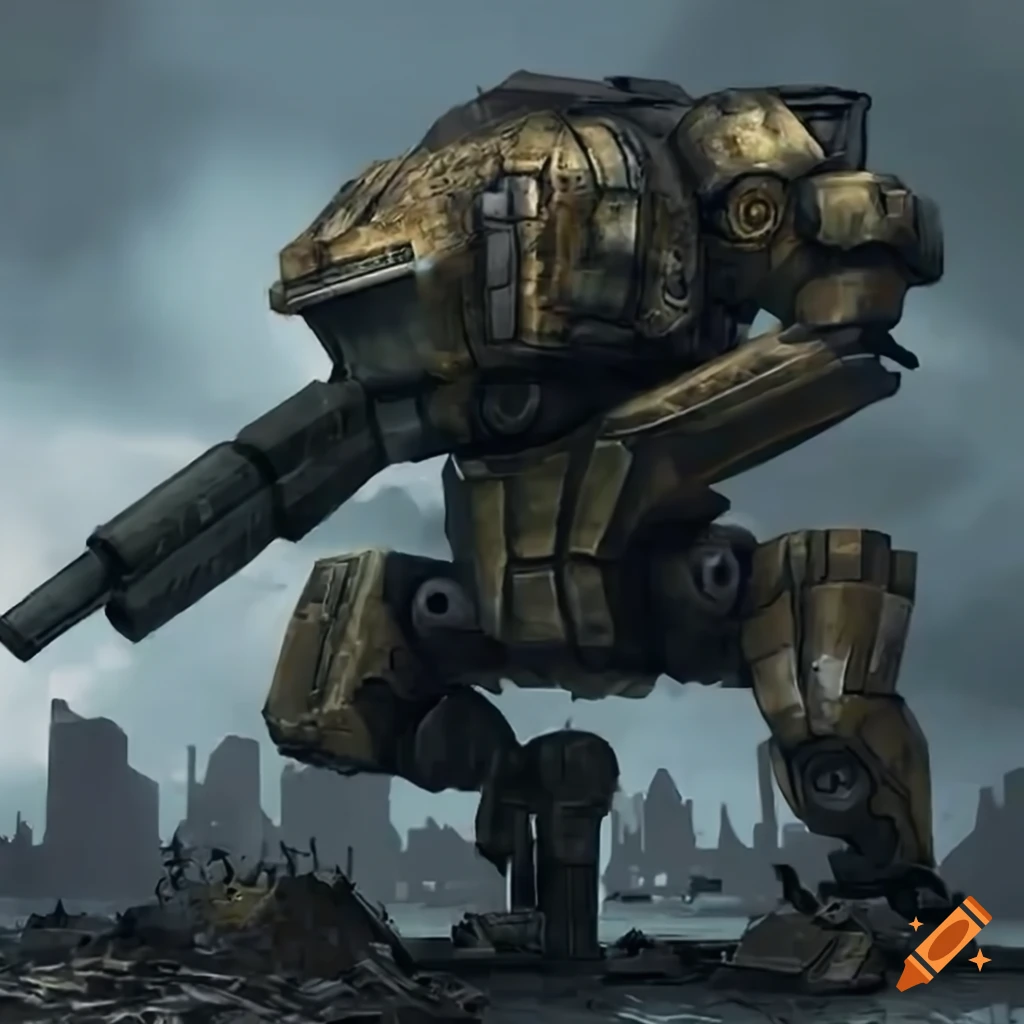 Realistic combat mech in a destroyed city on Craiyon