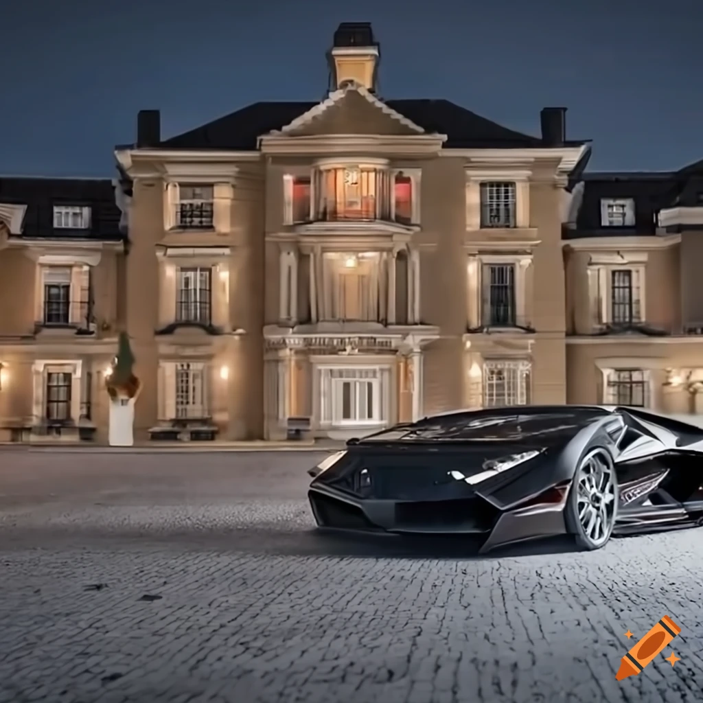 High-resolution black lamborghini parked in front of a mansion with ...