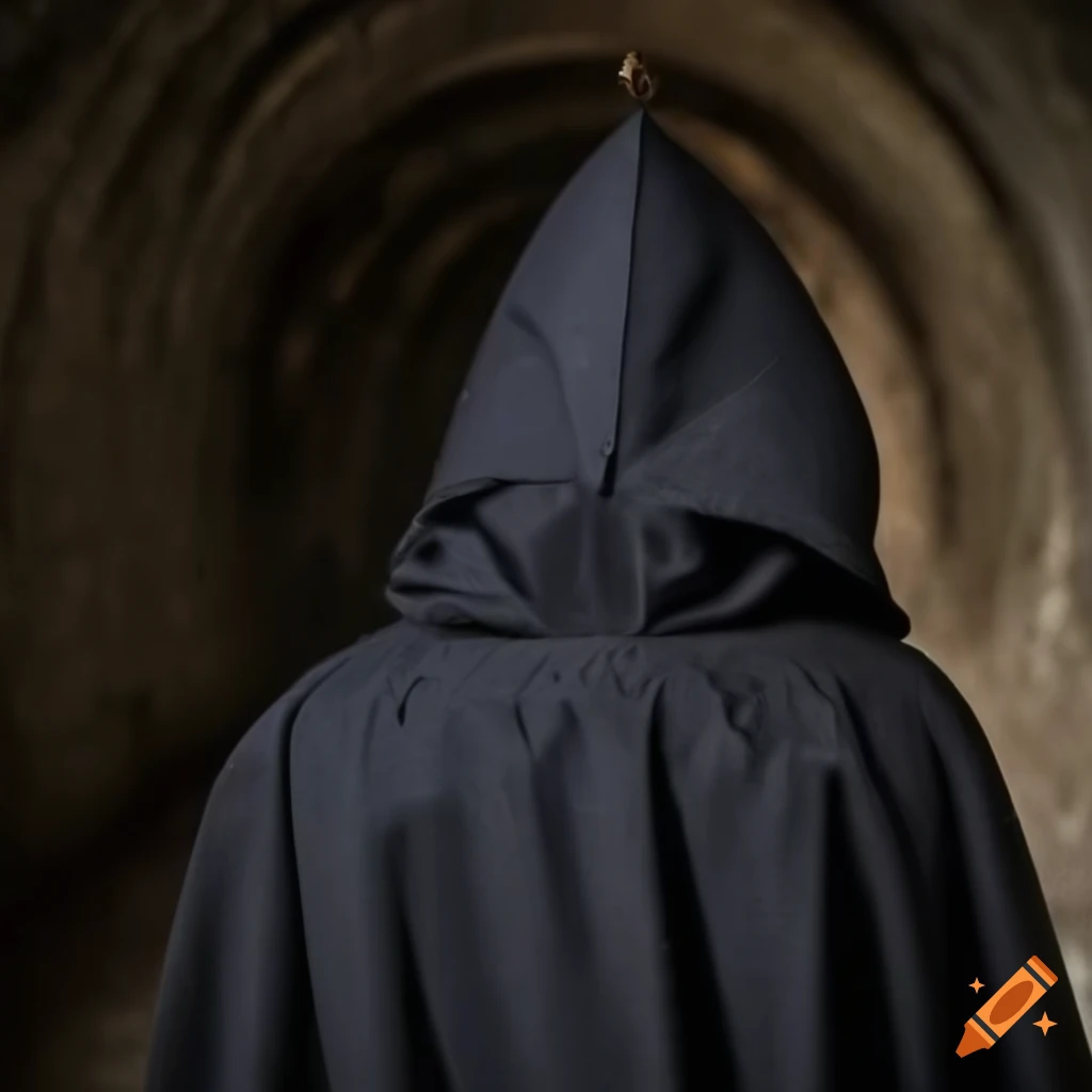 Medieval man in black cloak seen from behind in a sewer tunnel on Craiyon