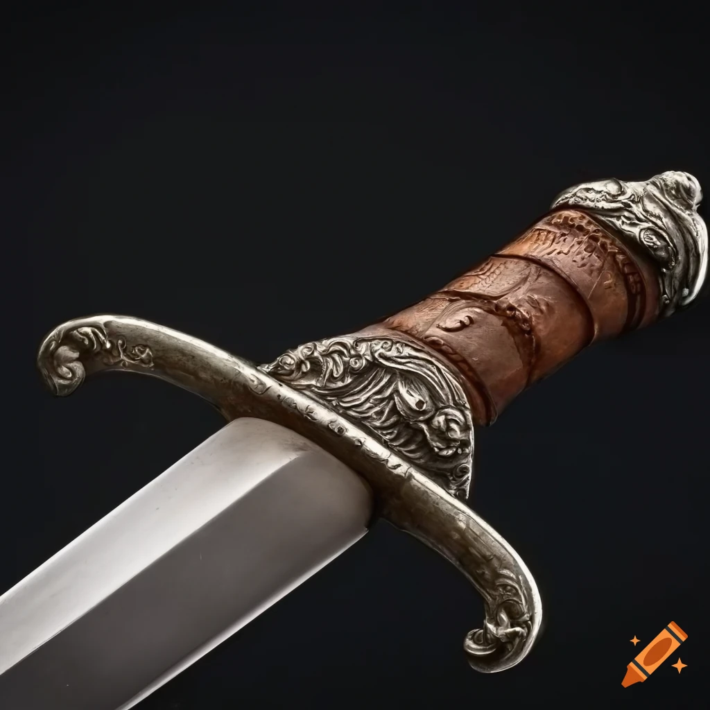 Ornate silver sword with wolf head pommel and curved cross guard on Craiyon