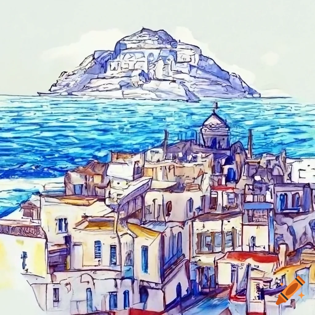 Pen drawing of a greek city on Craiyon