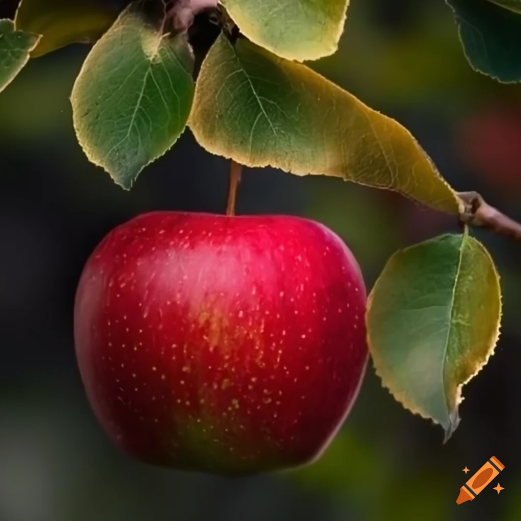 Close-up of a bright red apple on a tree on Craiyon
