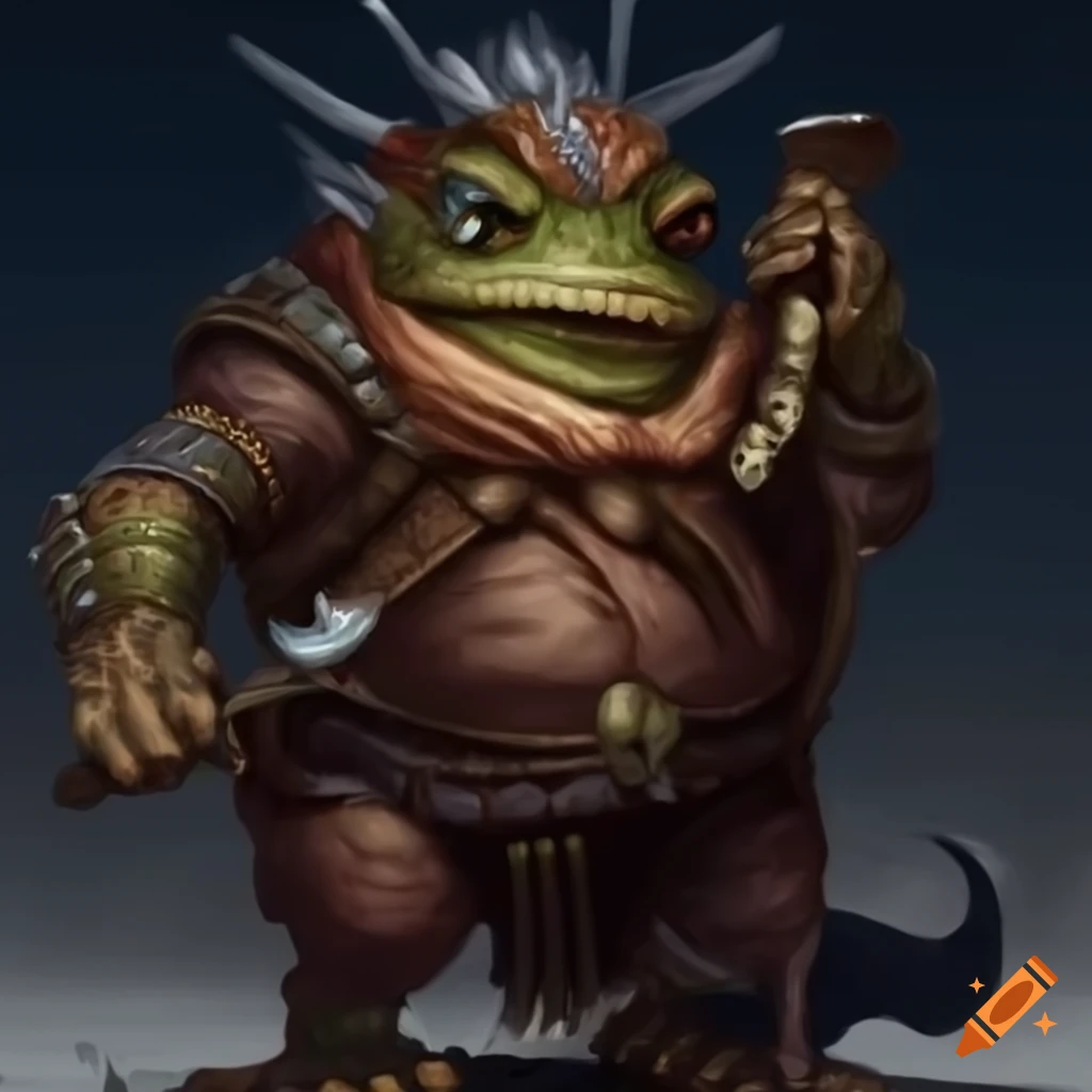 Angry humanoid toad warrior in a fantasy setting on Craiyon