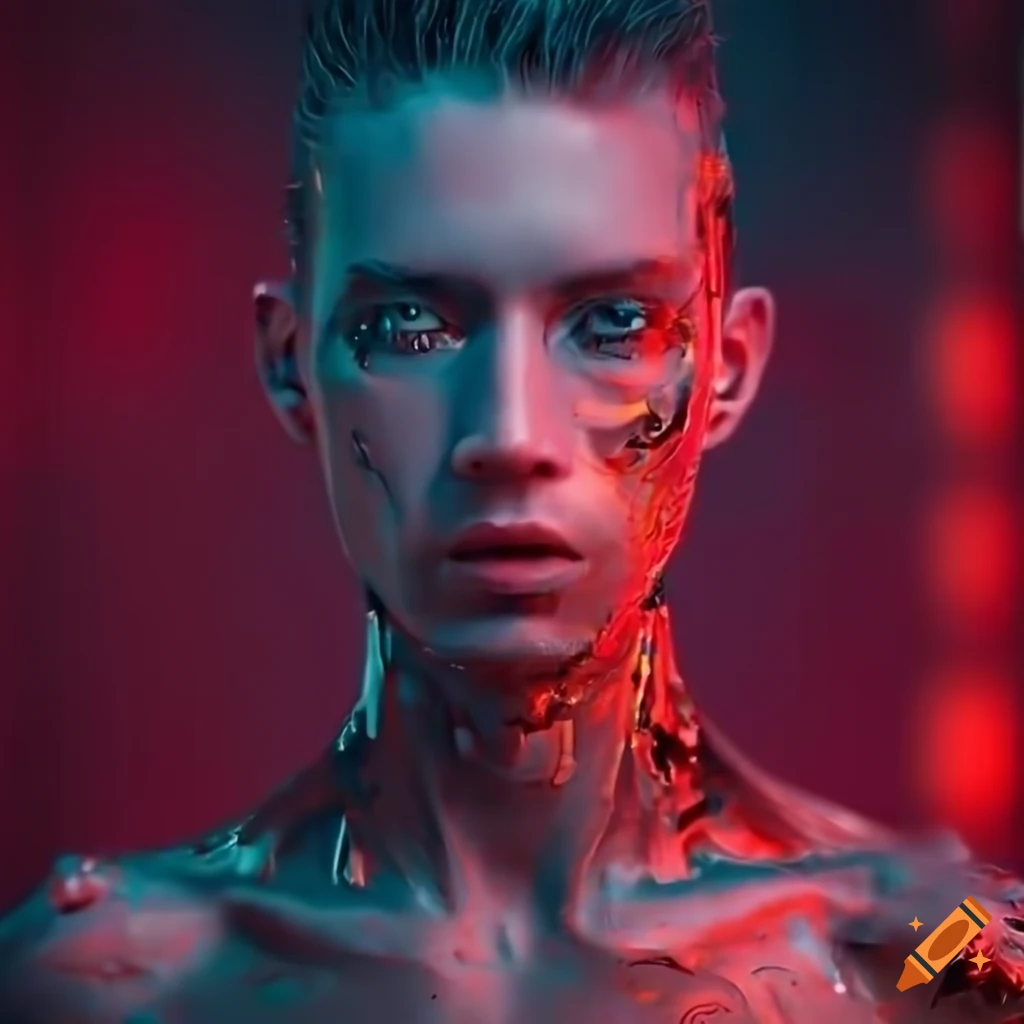 Ai cyborg with a red glitter human body on Craiyon