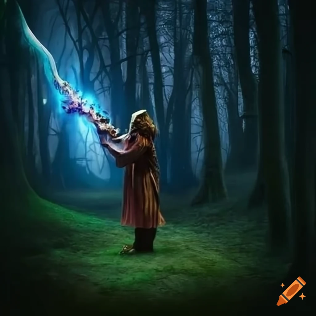 Wizard with a magic sword exploring an enchanted forest on Craiyon