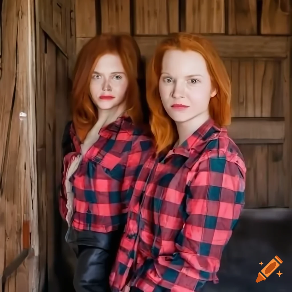 Two relaxed ginger female twins standing in barn doorway on Craiyon