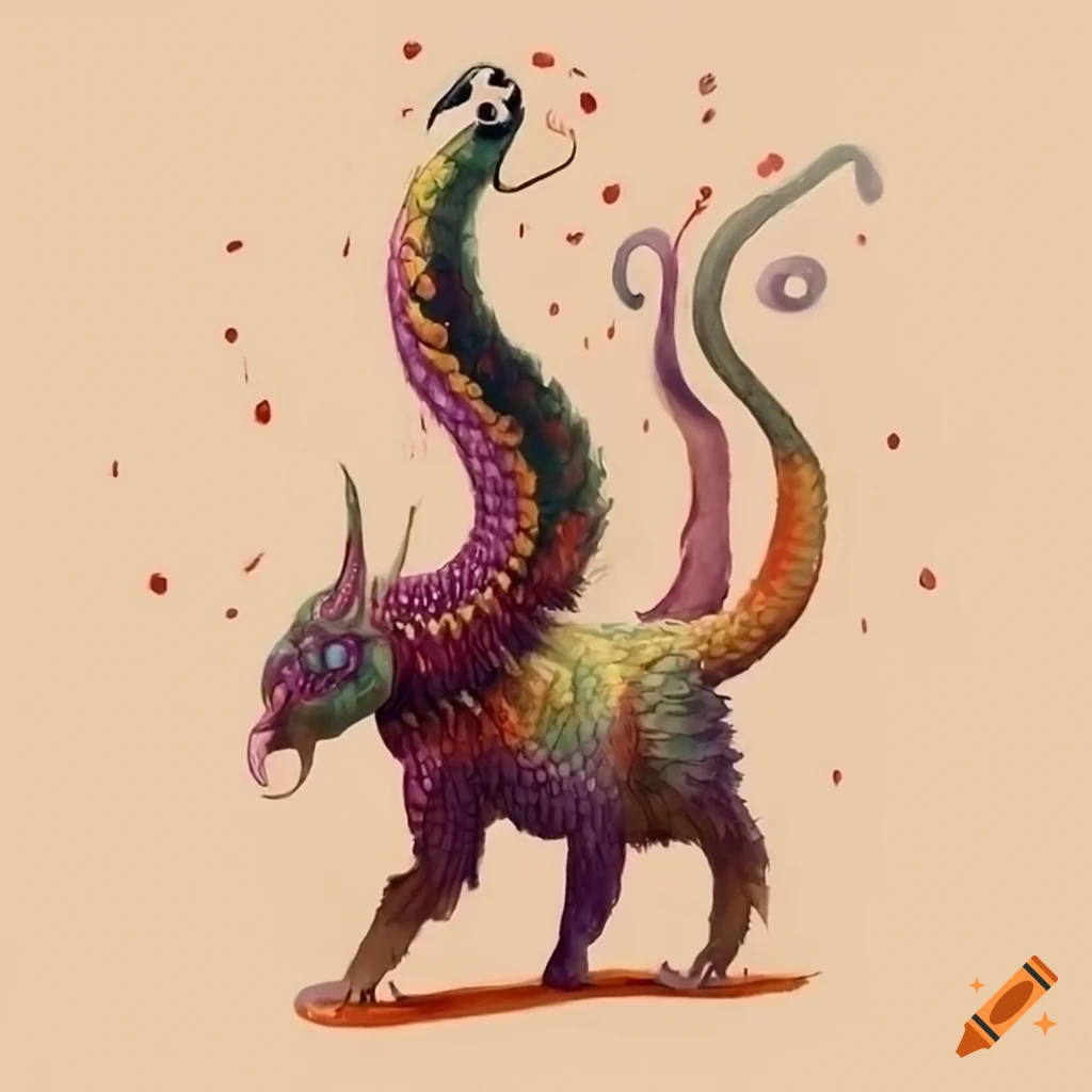 Unique fantasy illustration of mythical beasts in surreal gouache style ...