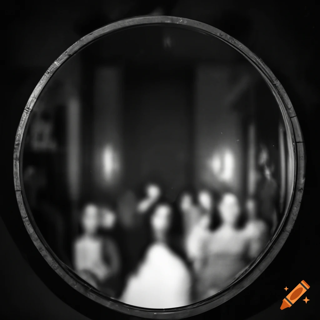 Reflection of a crowd in a mirror held by a woman in an empty space on ...