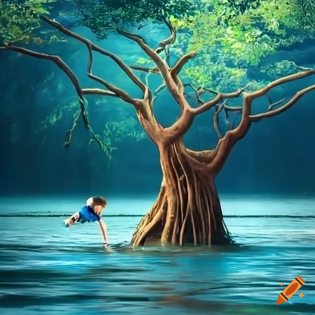 Upside-down banyan tree on water with boys playing on Craiyon