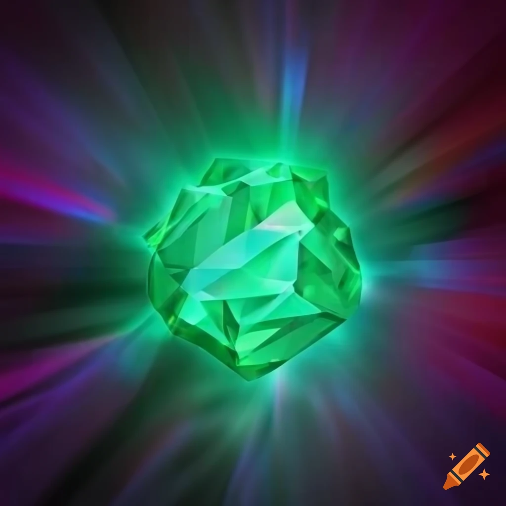 Dark green glowing four-dimensional time crystal with colorful abstract ...