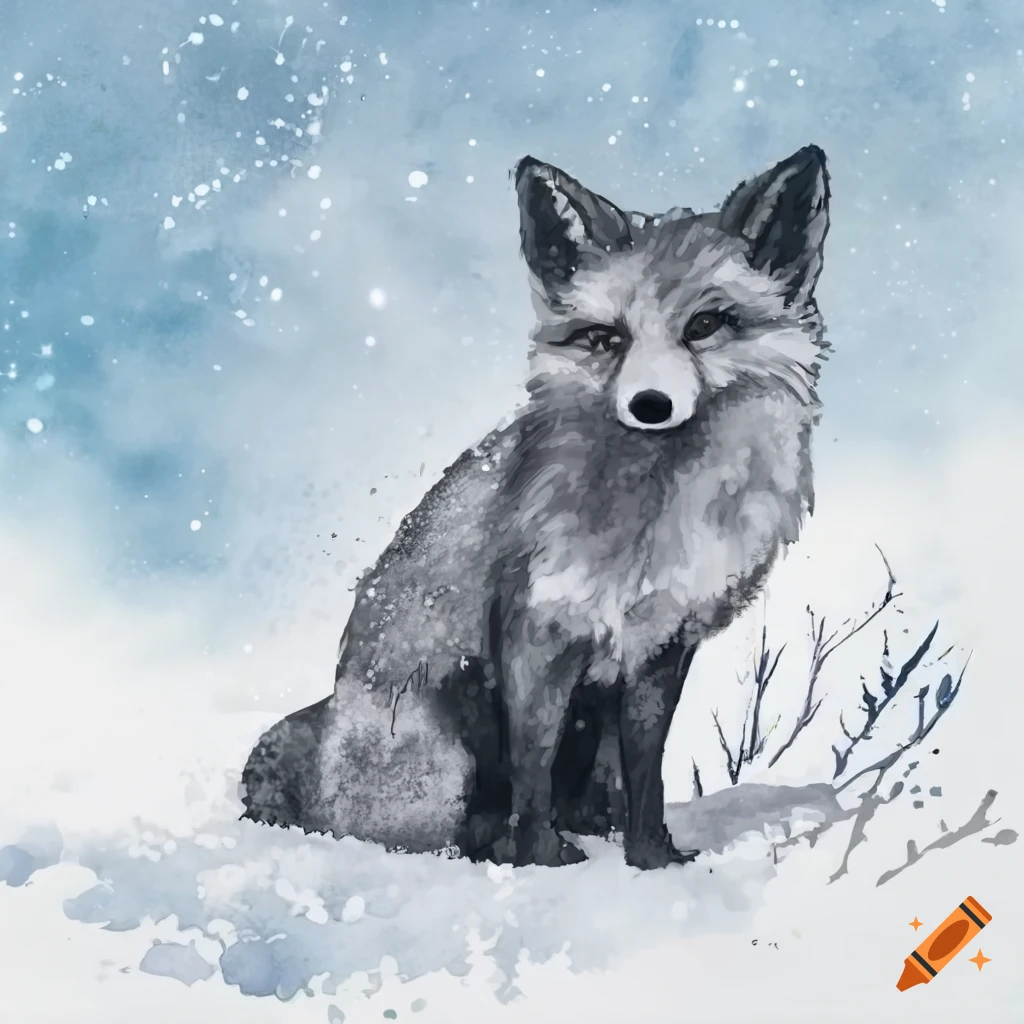 Ice fox sitting in a snowy field looking at the stars on Craiyon