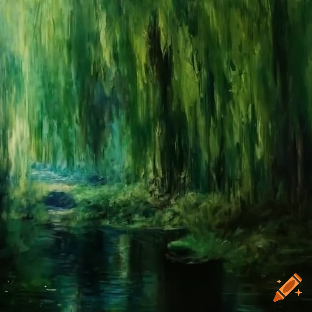 Monet style painting of a mystical forest with willow trees, creek, and ...