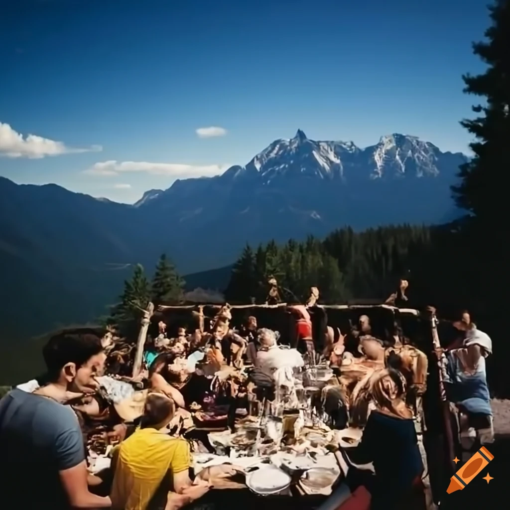 Group of people having an open air party in front of a wooden cabin ...