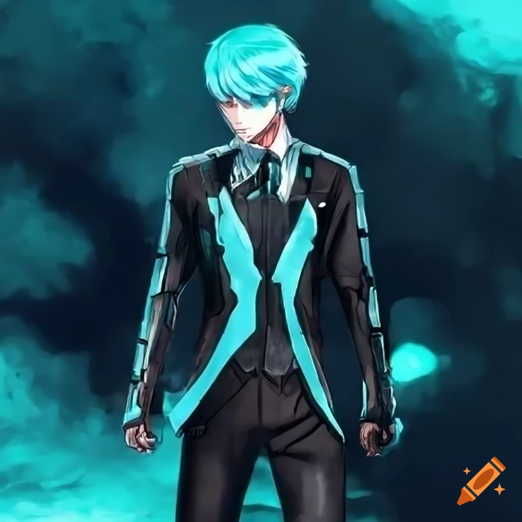 Futuristic anime character in cyan and black suit on Craiyon