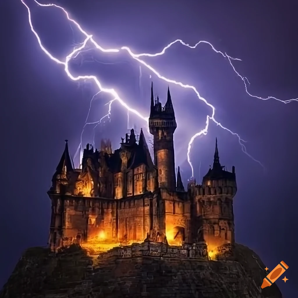 Gothic castle at night with lightning and fire coming out of its ...