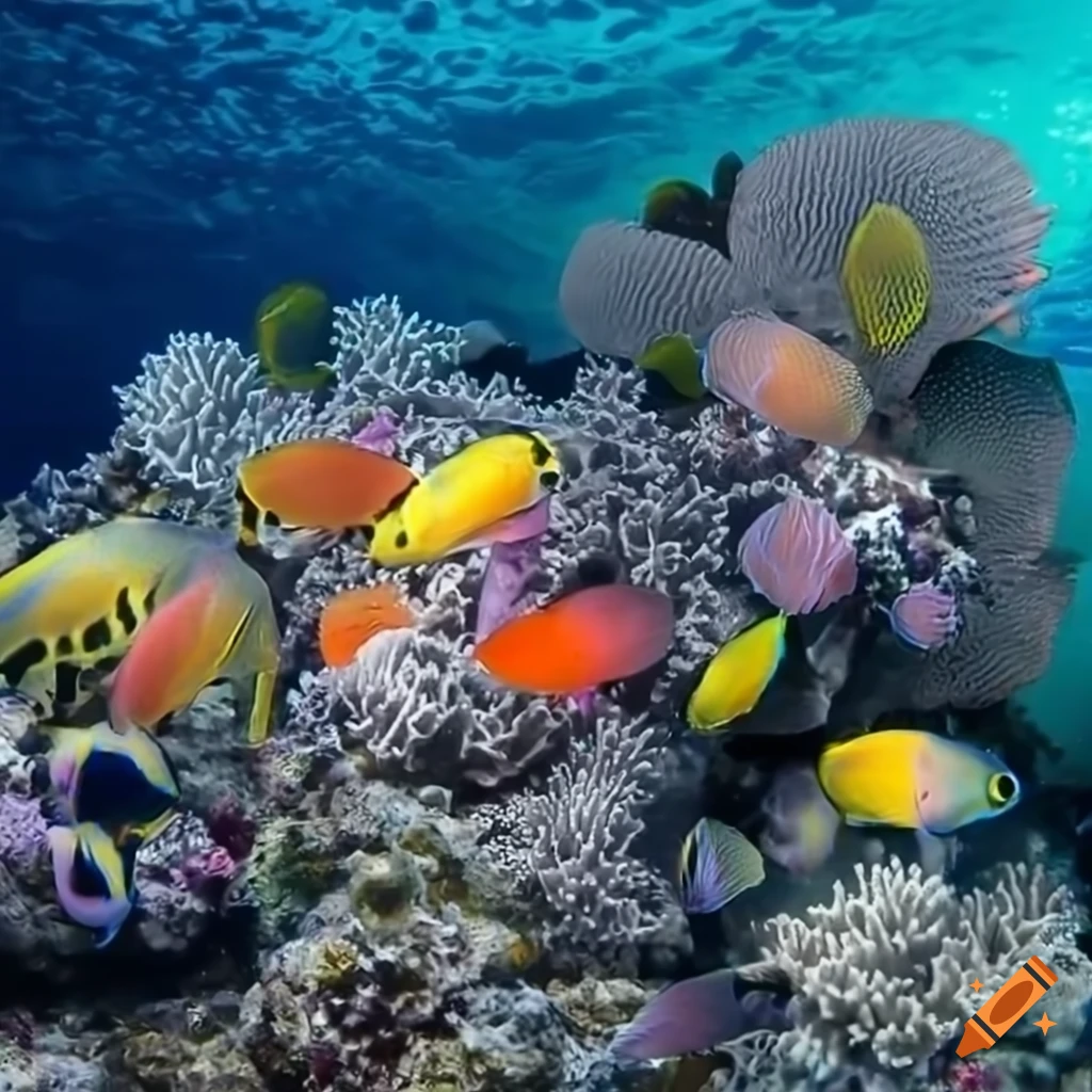 Group of exotic fish in a hyper-sharp microphotorealistic underwater ...