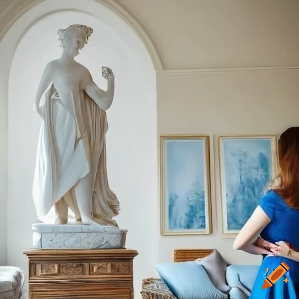 Woman in blue dress looking at large white antique statue in living ...