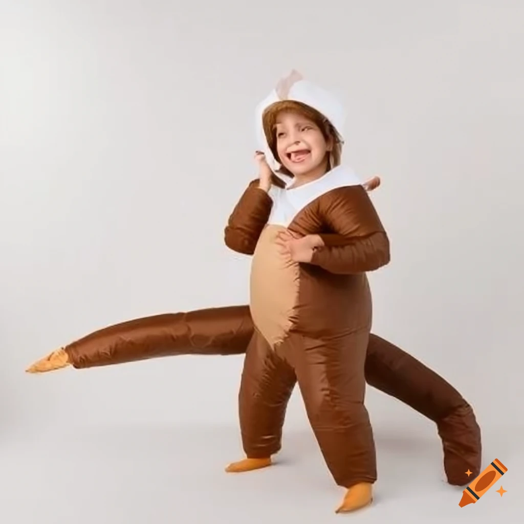 Child standing in brown and white inflatable monkey costume on Craiyon