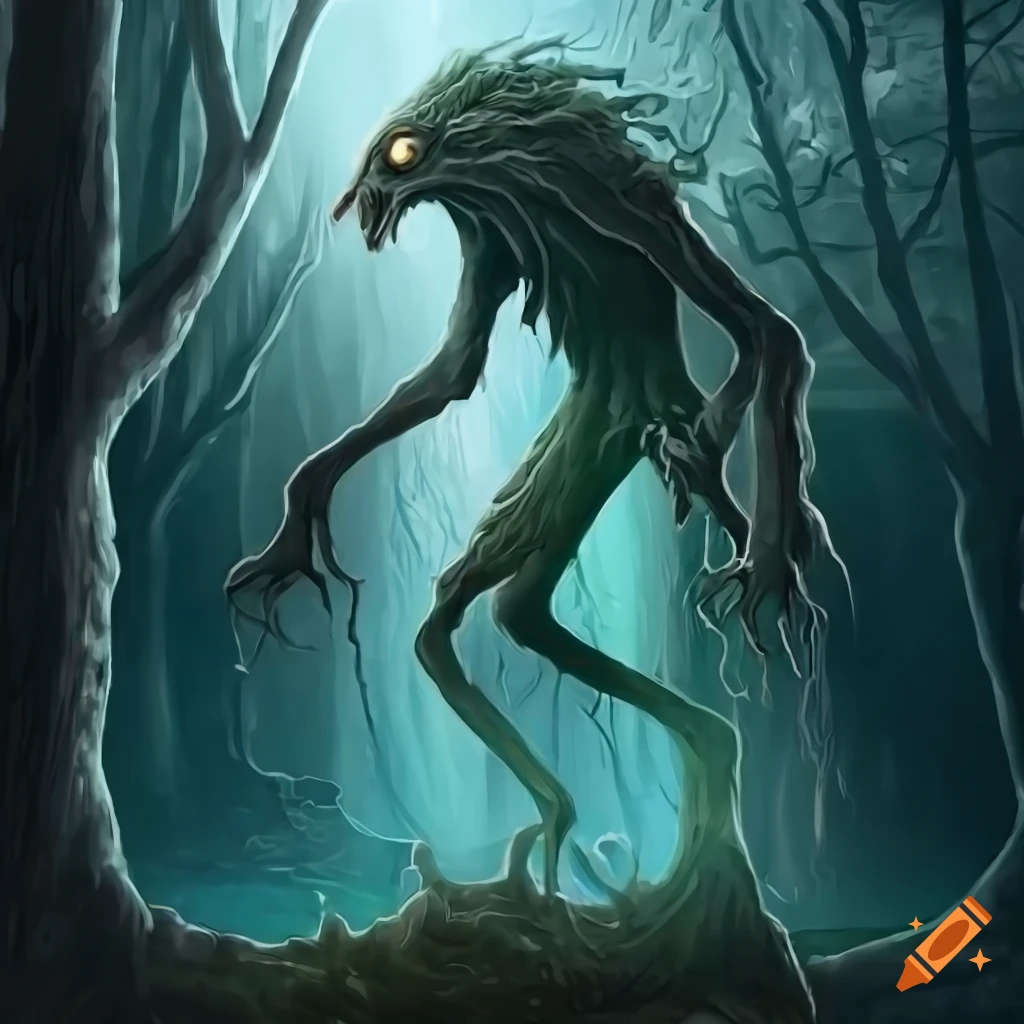 Tree spirit fantasy monster design with sharp contrasts on Craiyon