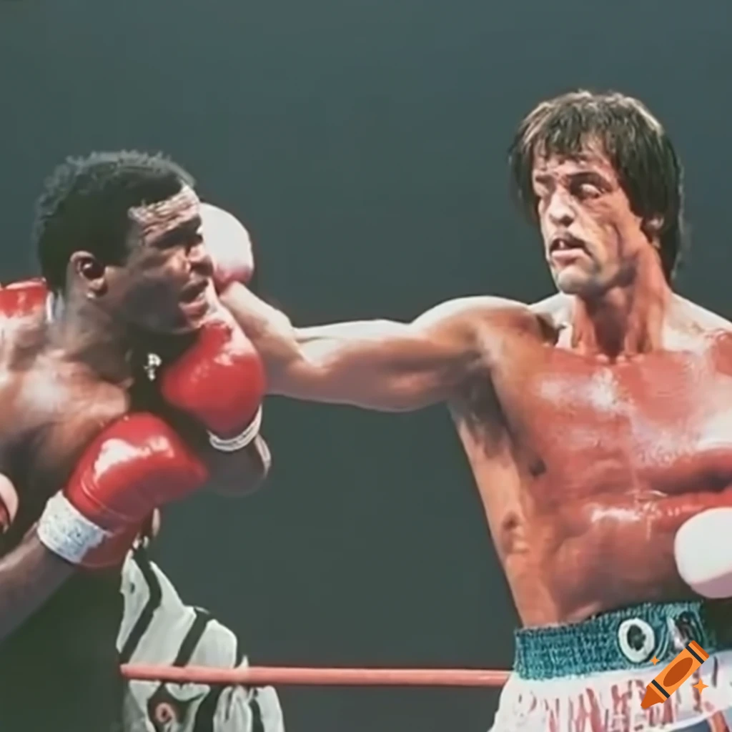 Rocky Balboa defeating his final opponent in a thrilling fight on Craiyon