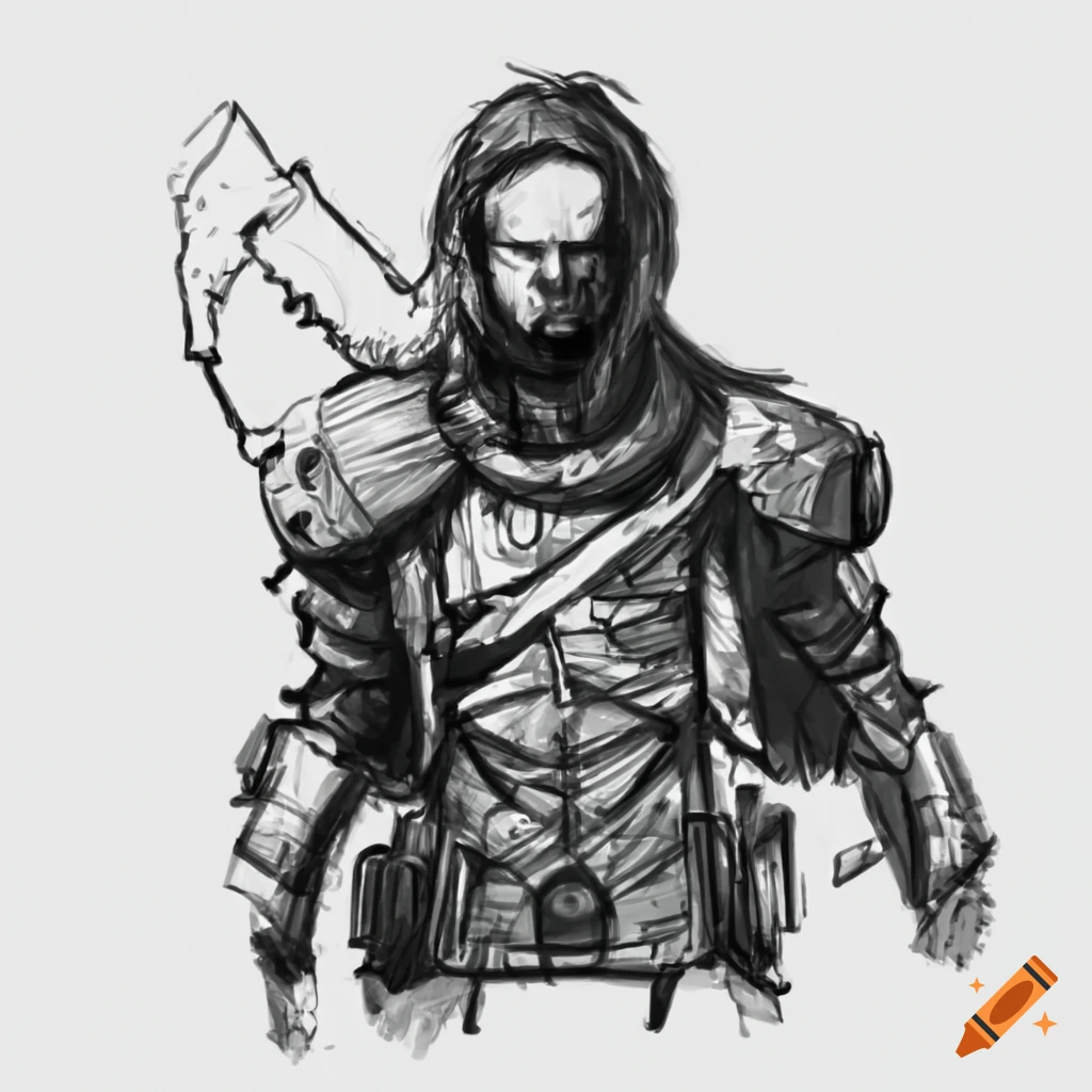 Ink sketch of a male cyberpunk warrior with high tech armor and a gun ...