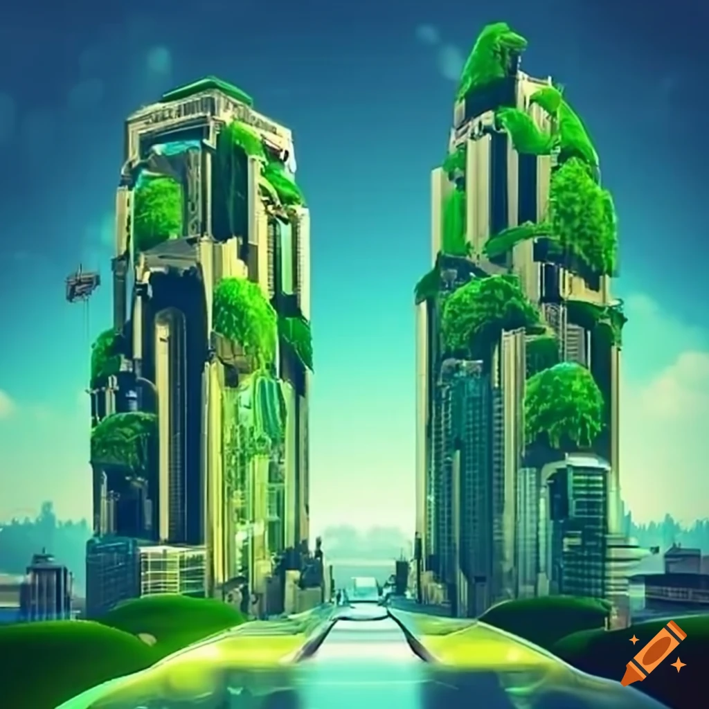 Futuristic green cityscape on Craiyon