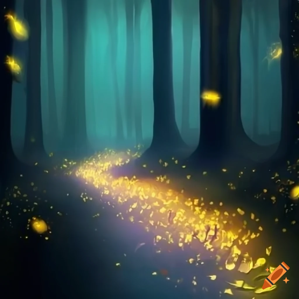 Path lit by fireflies through a glowing forest in photo-realistic ...