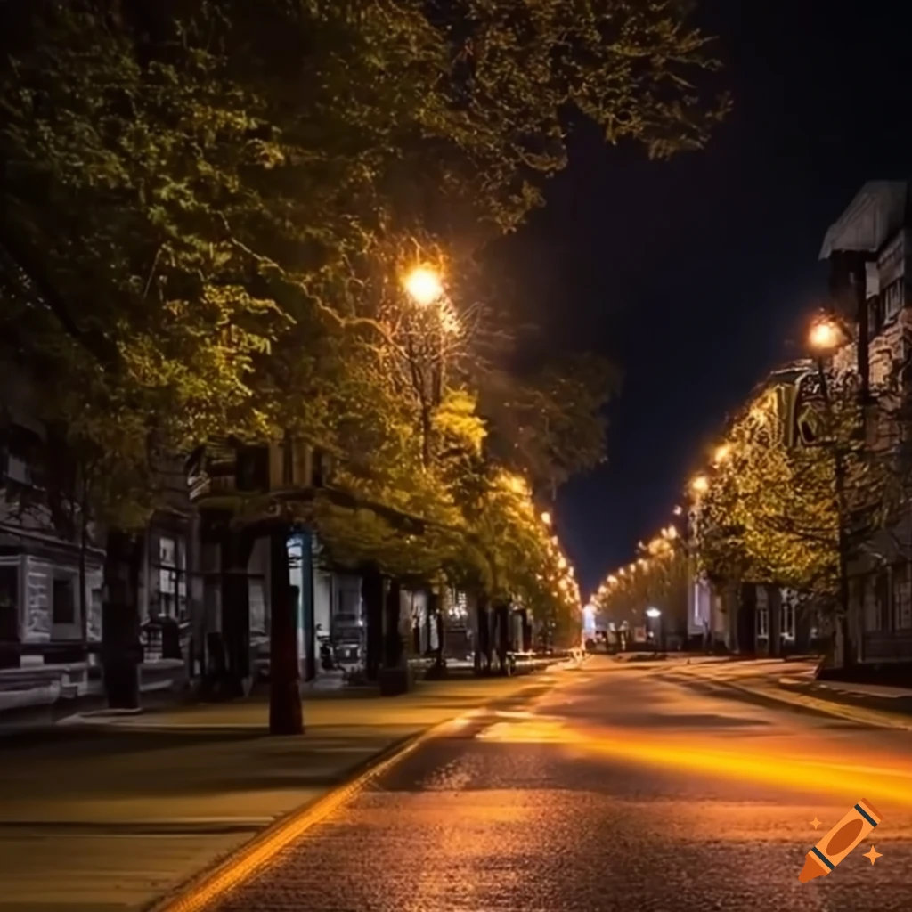 Orange led street light on a town street at night on Craiyon