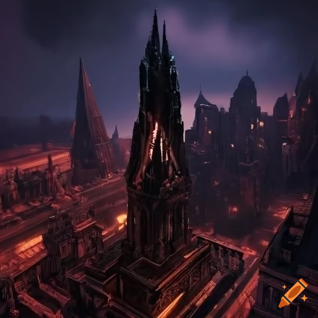 Partial aerial view of giant black crystal tower and boulevard with ...