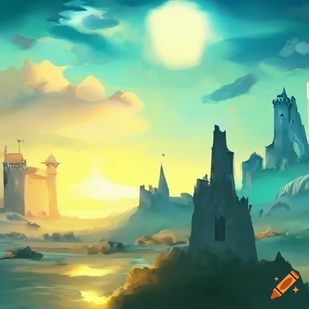 Ruined castle in an anime landscape with sunny weather on Craiyon