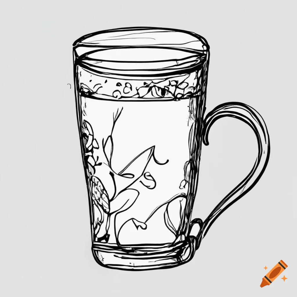 Simple black and white line drawing of herbal tea in a glass cup on Craiyon