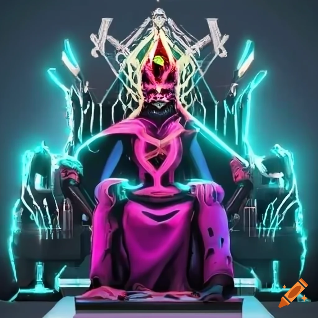 Neon king sitting on throne in a futuristic cyber world on Craiyon