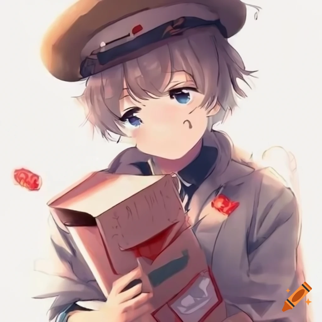 Quirky anime mailman surrounded by packages on Craiyon