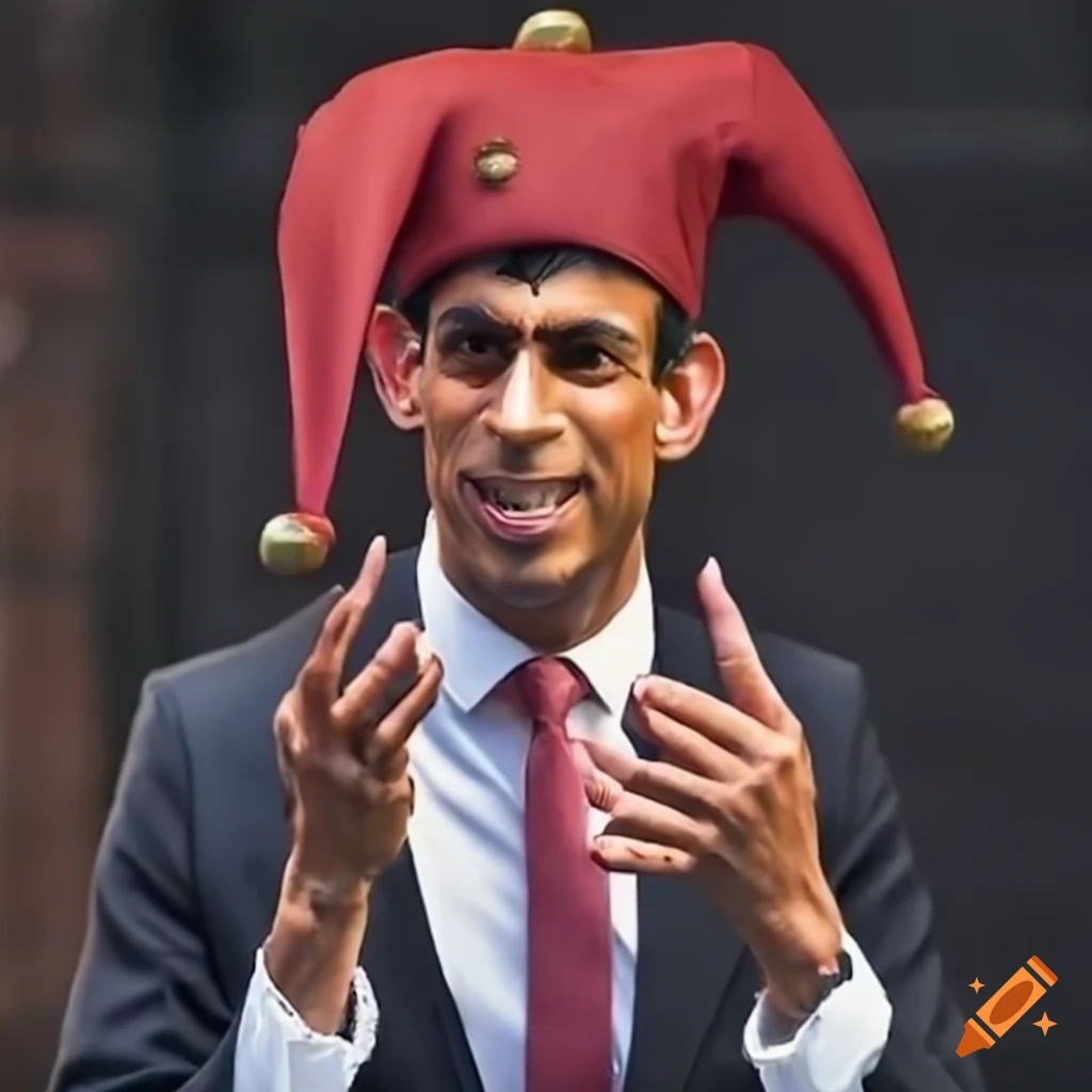 Rishi Sunak wearing a court jester's cap and bells in a humorous ...