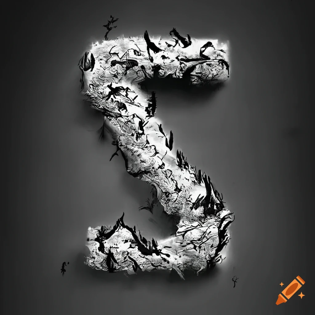 Letter Z overgrown by a forest in a black and white apocalyptic 2D ...