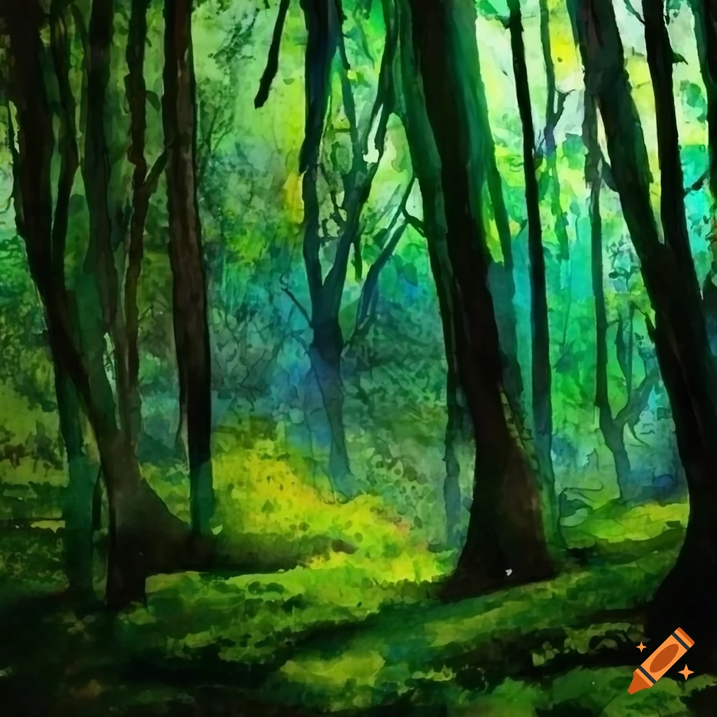 Artsy watercolor of a vibrant green forest on Craiyon