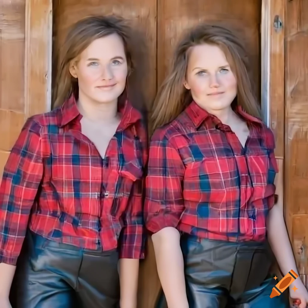 Two irish female twins in red plaid shirts and high-waist black leather ...
