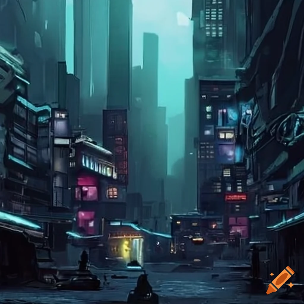 Sci-fi city streets depicting poverty and hardship on Craiyon