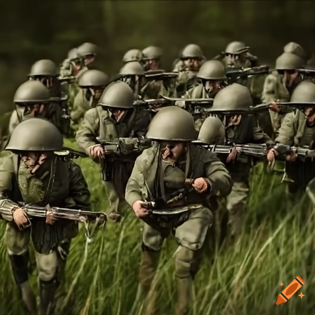 Soldiers marching through the grass on Craiyon