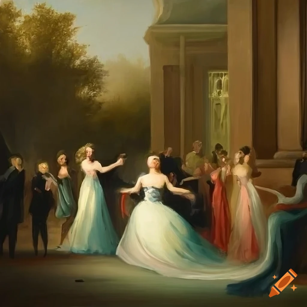 Painting of a spring night party with guests in flowing gowns and an ...