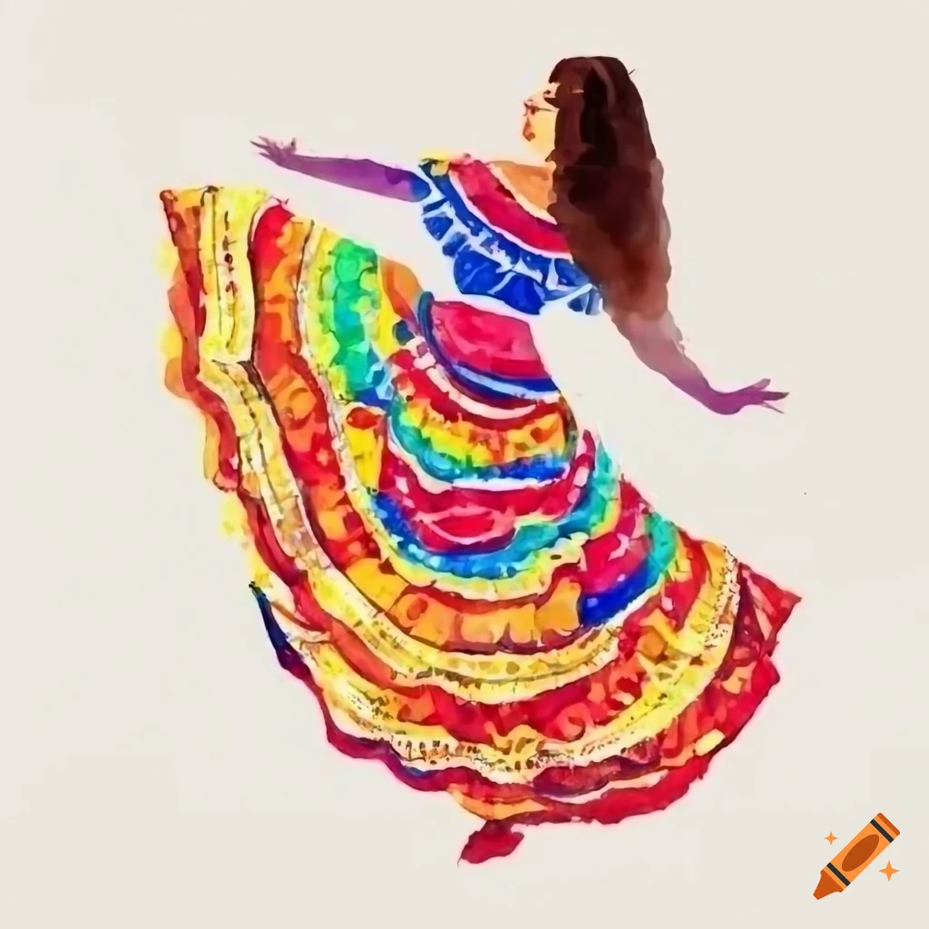 Woman in traditional colombian dress dancing cumbia in watercolor style ...