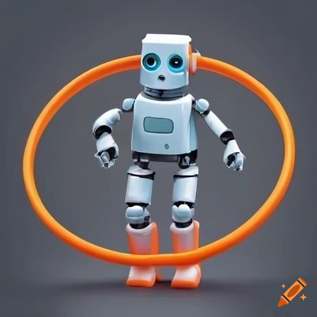 Friendly robot playing with big thick orange hula hoop on Craiyon