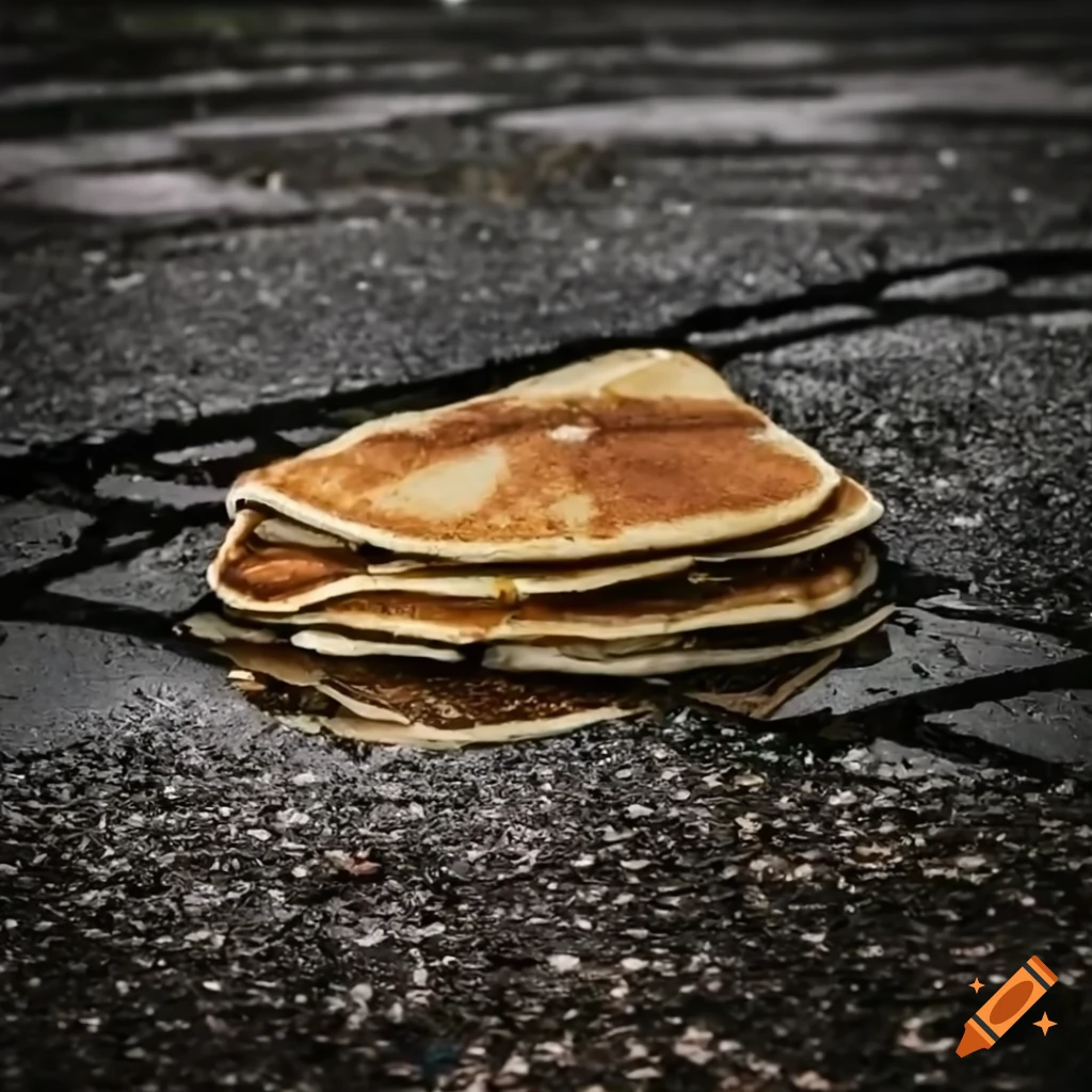 French pancakes left on a sidewalk near water puddles and trash on Craiyon