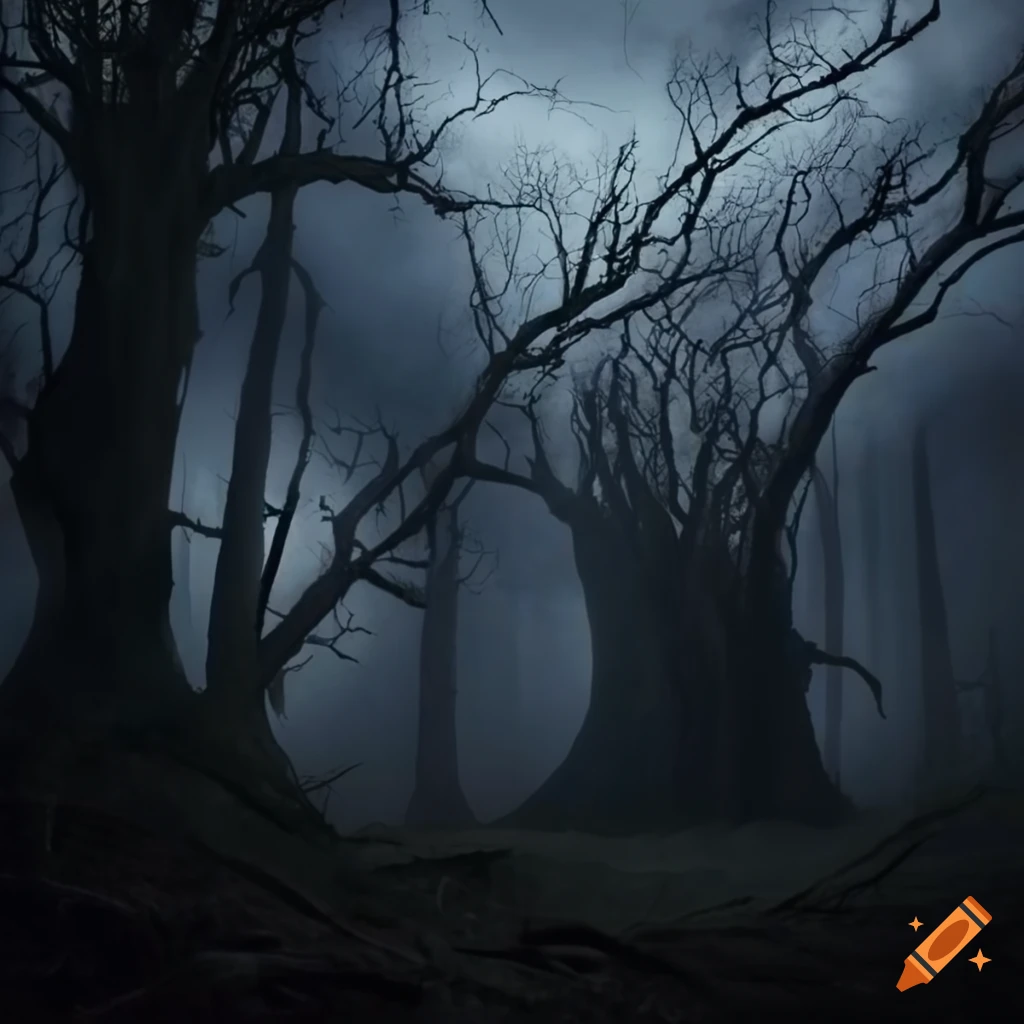 Desolate woods of dead trees in a dark and stormy setting on Craiyon