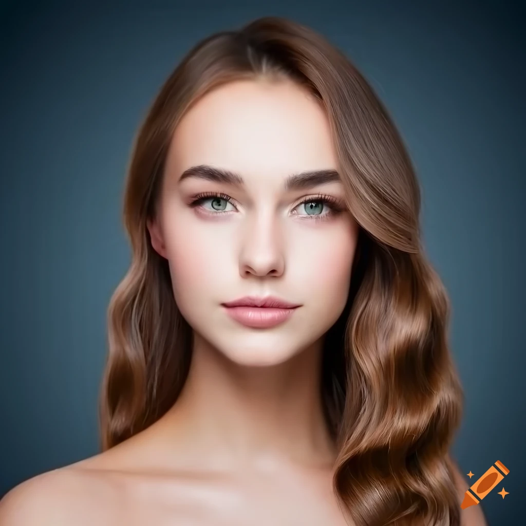 Portrait of a woman with symmetrical features and long wavy hair on Craiyon