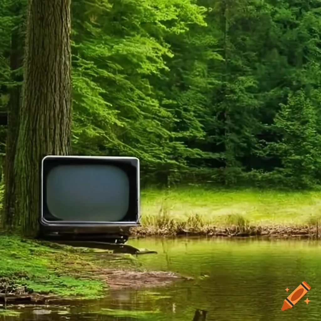 Television in a gorgeous forest by the lake on Craiyon