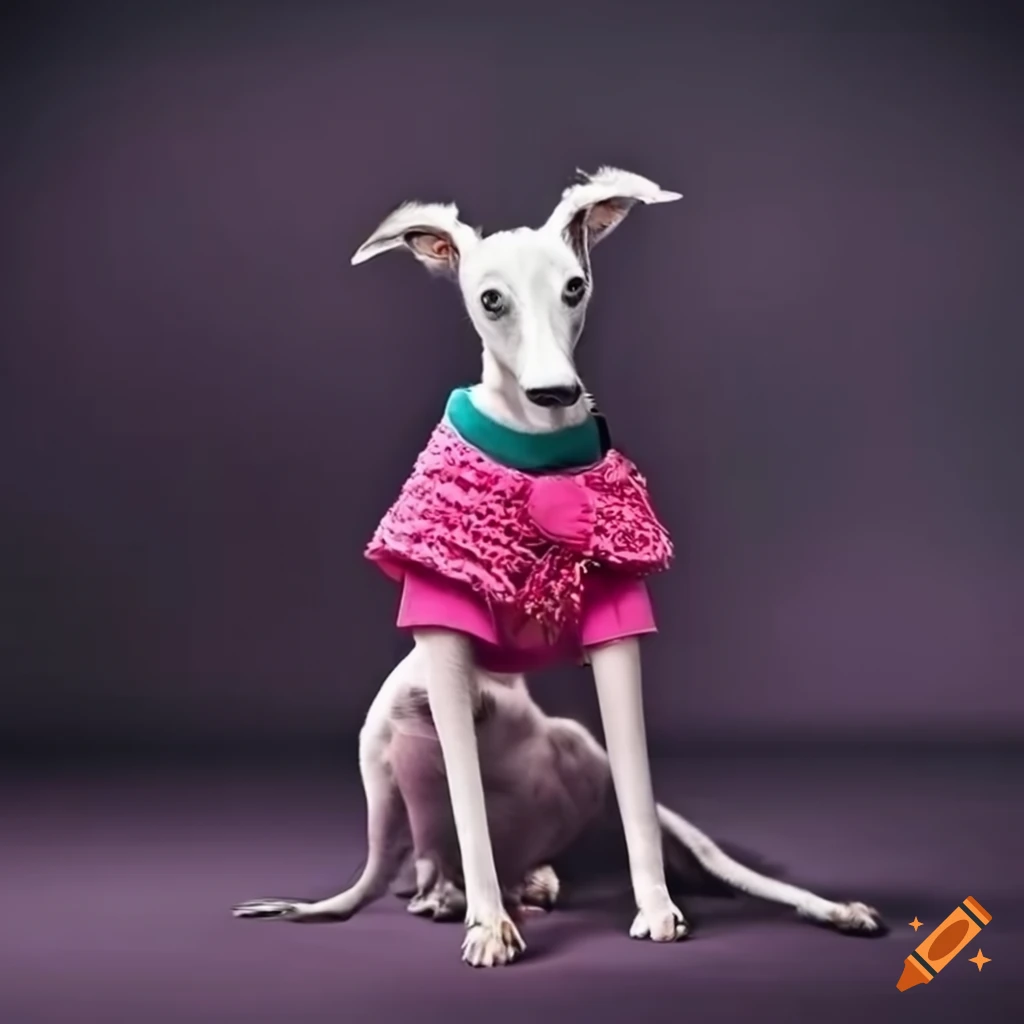 Greyhound in fashionable dog attire on a high-end runway on Craiyon