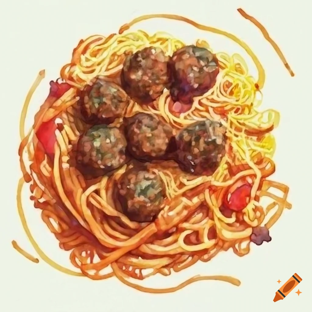 Colorful watercolor of spaghetti and meatballs on Craiyon